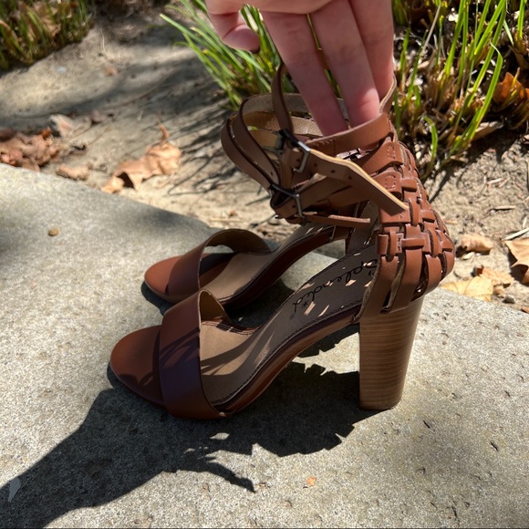 Splendid | Shoes | Splendid Brown Leather Woven Heels Sandals Ankle ...